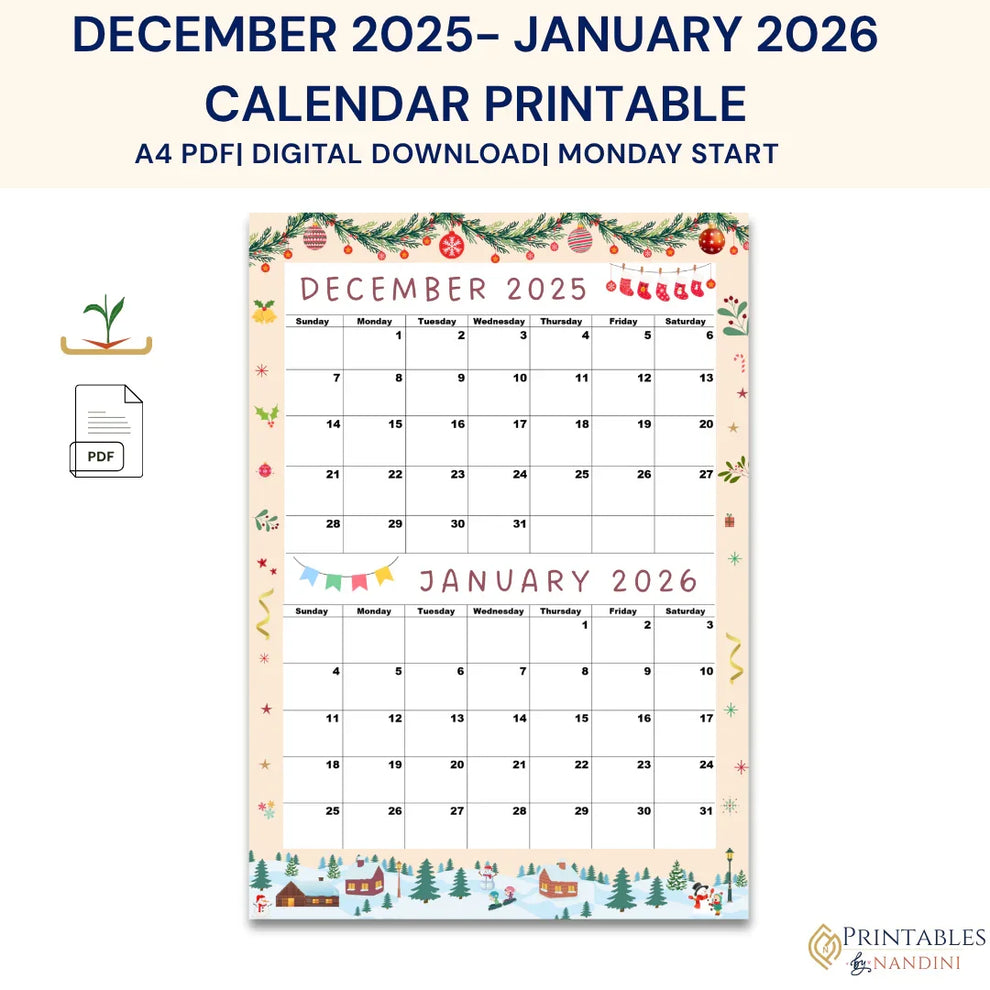 December 2025 and January 2026 calendar – Printables by Nandini