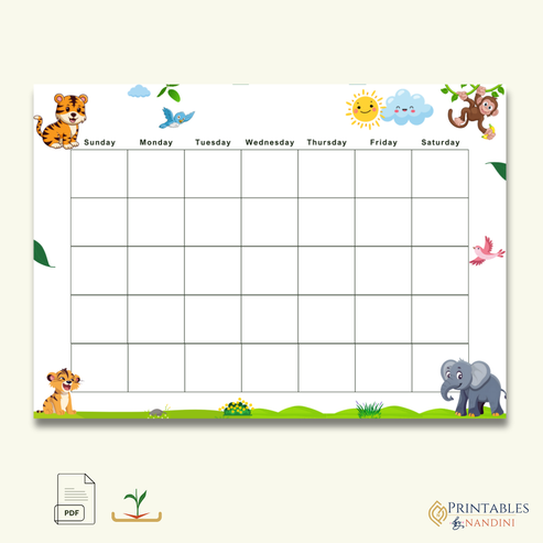 Blank Jungle themed Calendar – Printables by Nandini