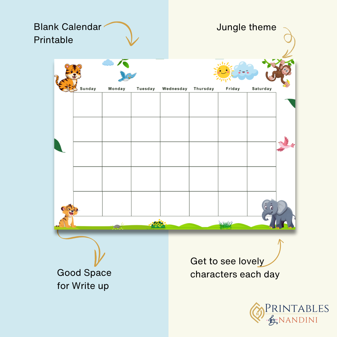 Blank Jungle themed Calendar – Printables by Nandini