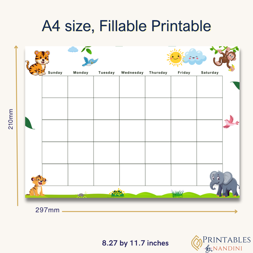 Blank Jungle themed Calendar – Printables by Nandini
