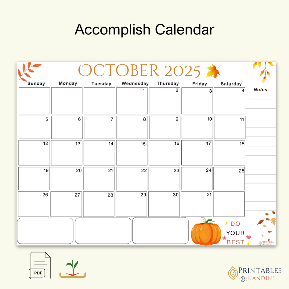 Accomplish|Monthly Theme Calendar Printable for October 2025 ...