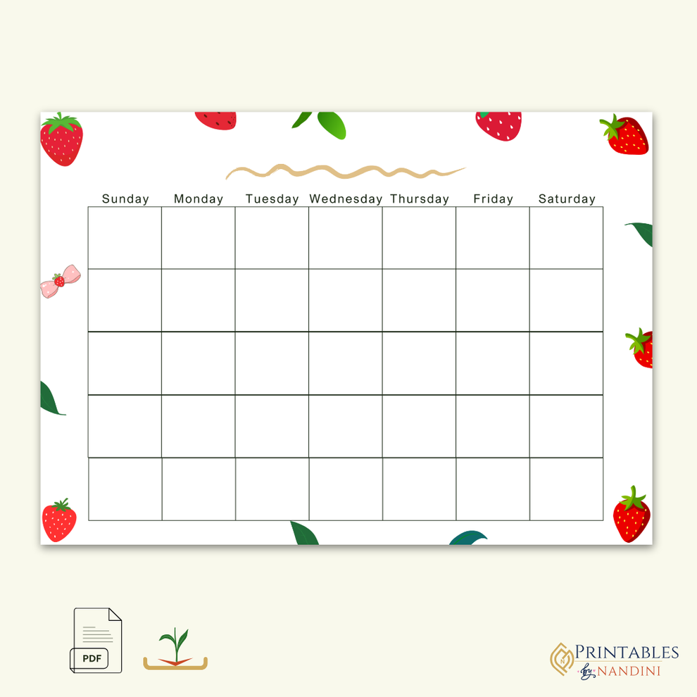 Strawberry Themed |Blank Undated Monthly calendar – Printables by Nandini